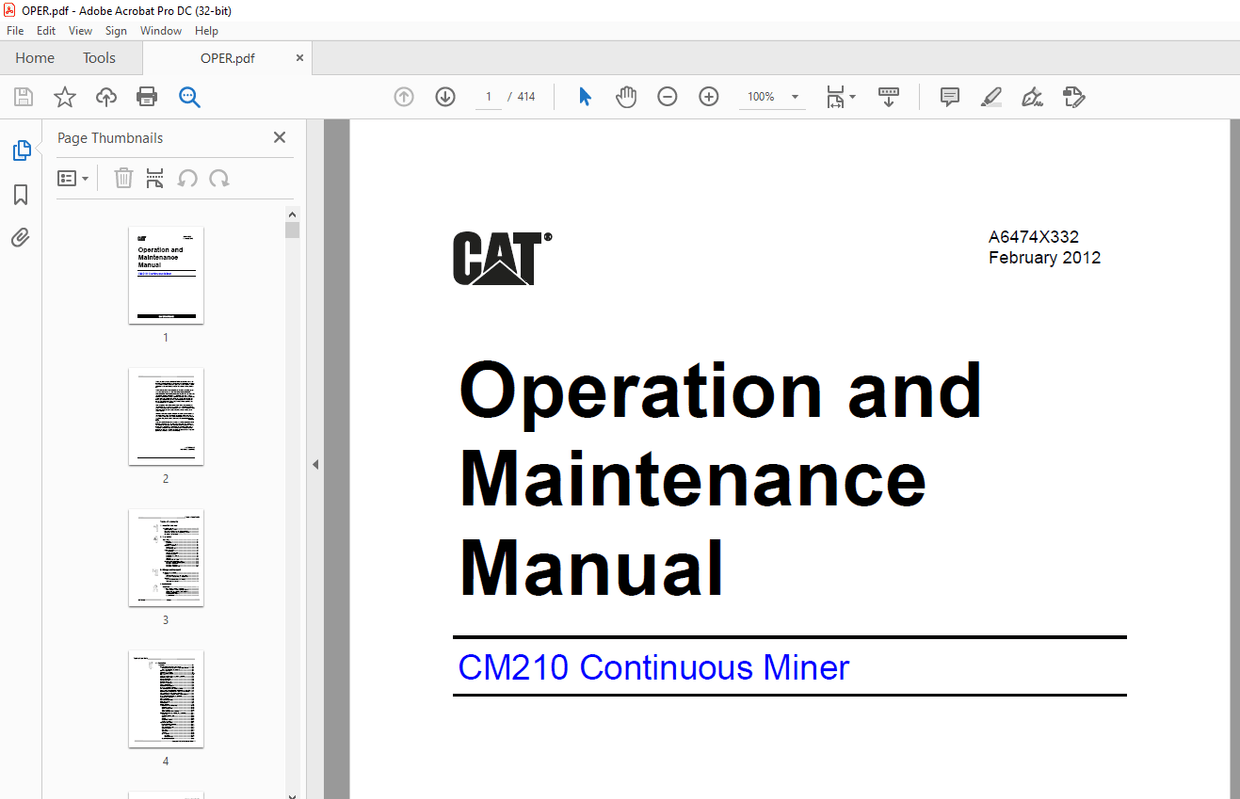 Cat CM210 Continuous Miner Operation and Maintenance Manual A6474X332 ...