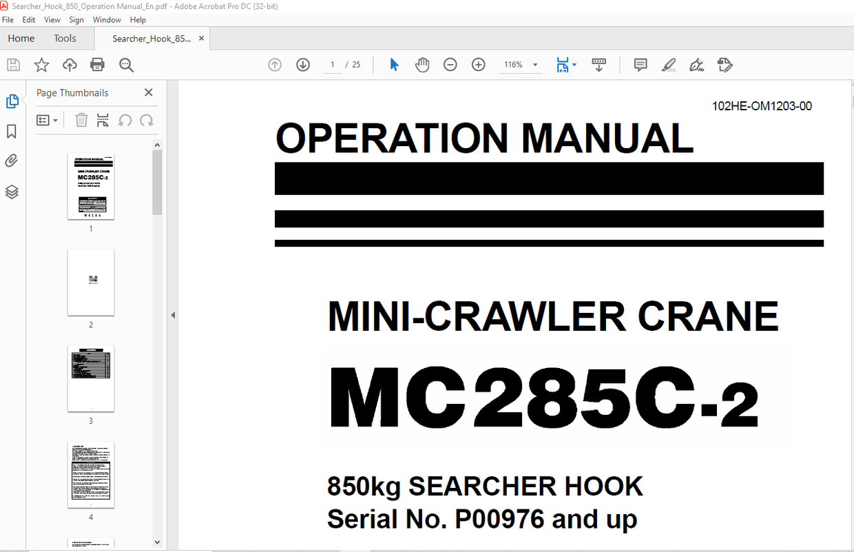 Maeda MC 285C-2 Mini Crawler Crane 850kg SEARCHER HOOK Operation Manual ...