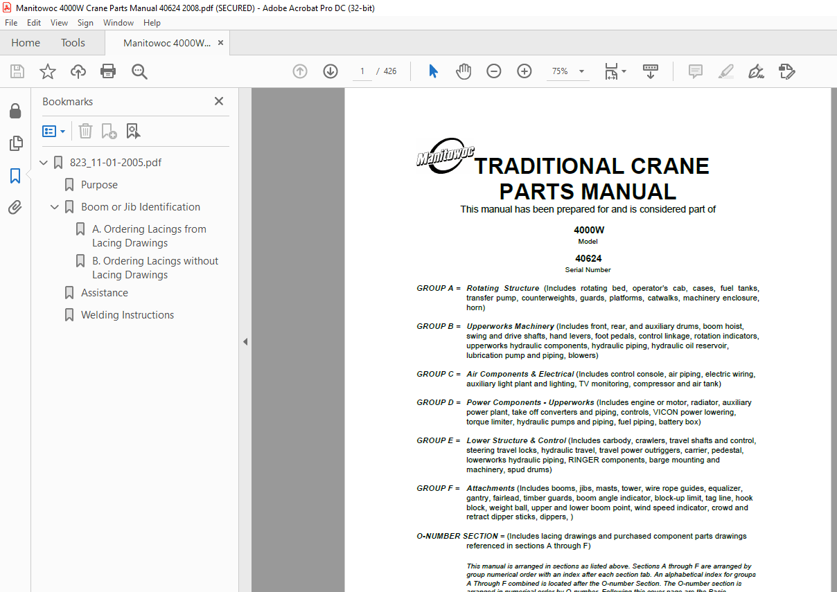 Manitowoc Crane 4000W Part Manual SN 40624 PDF