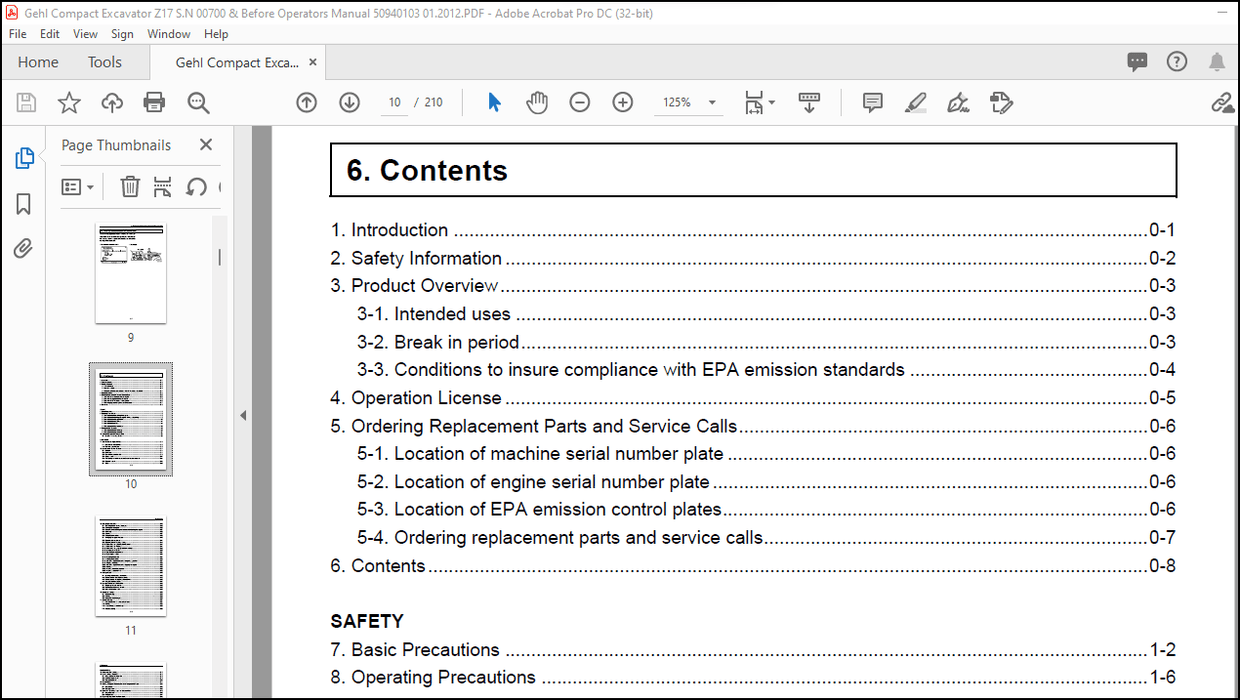Gehl Z17 Compact Excavator Operator’s Manual 50940103 – PDF DOWNLOAD