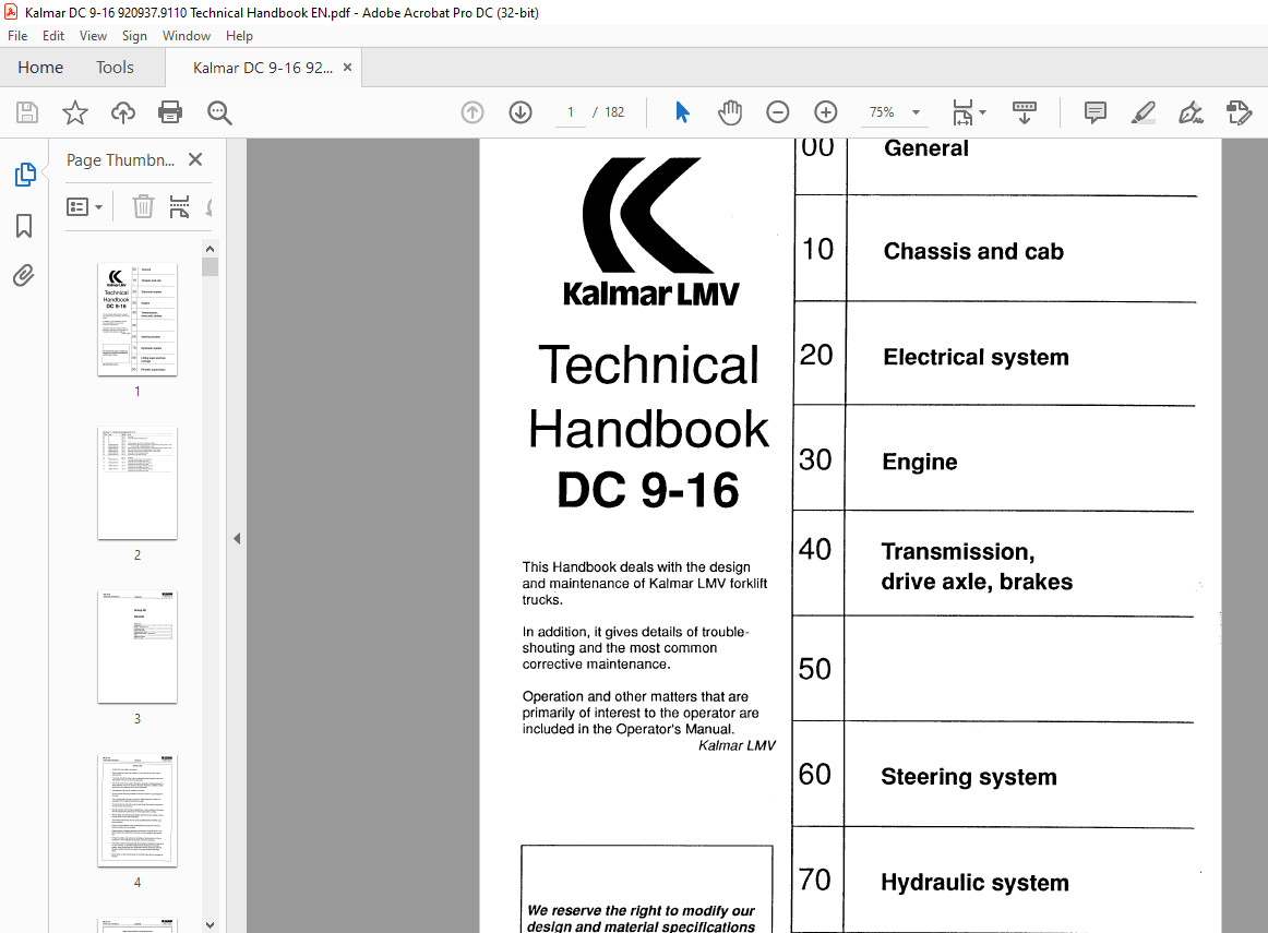 Kalmar LMV Forklift Truck DC 9-16 Technical Handbook Manual – PDF DOWNLOAD