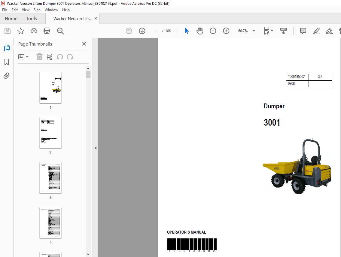 Wacker Neuson Lifton Dumper 3001 Operators Manual 1000185002 – PDF DOWNLOAD