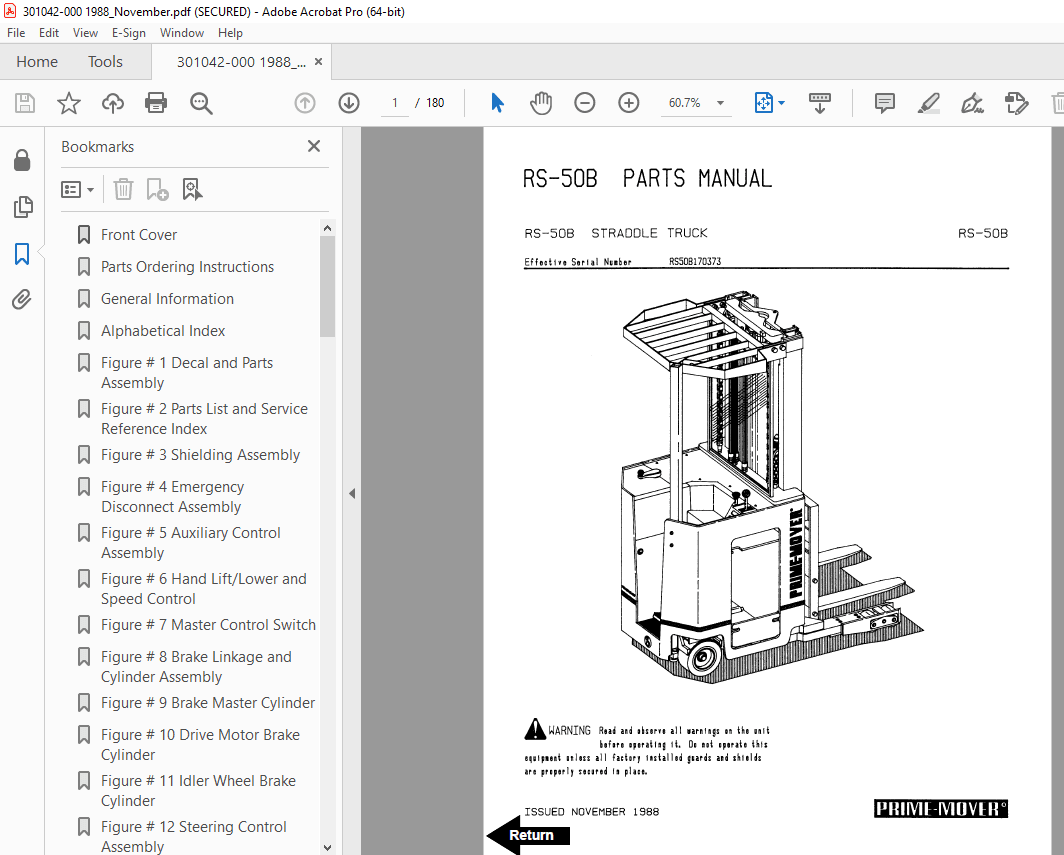 BT Prime-Mover RS-50B Straddle Truck Parts Manual_1988 SN RS508170373 ...