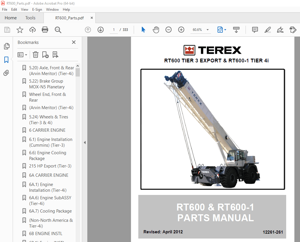 Terex Crane RT600 & RT600-1 Parts Manual 12261-261 – PDF DOWNLOAD