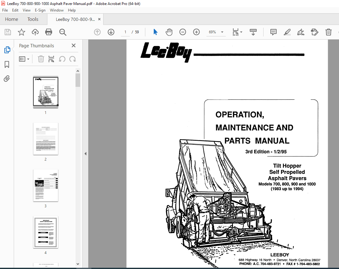 LEEBOY 700 800 900 & 1000 Tilt Hopper Self Propelled Asphalt Pavers Operation, Maintenance & Parts