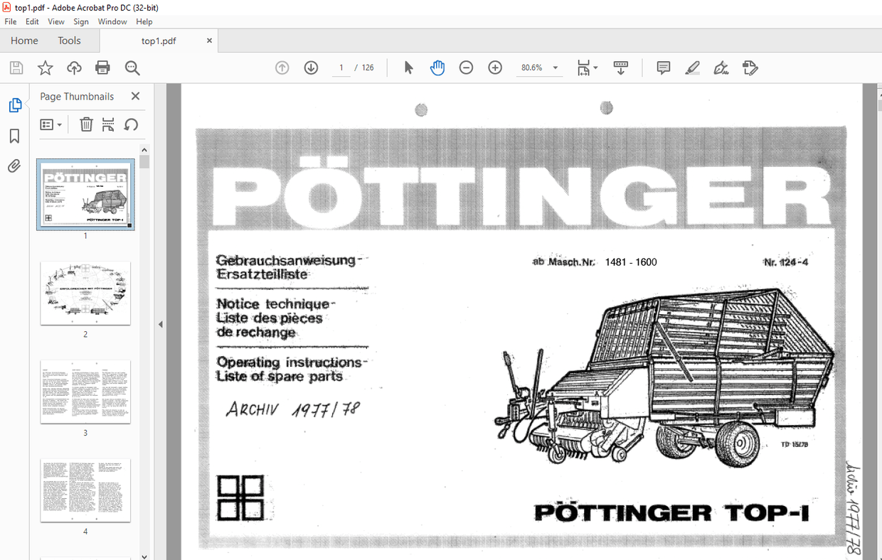 Pottinger Tractor TOP-I Operations List Spare Parts Manual – PDF DOWNLOAD