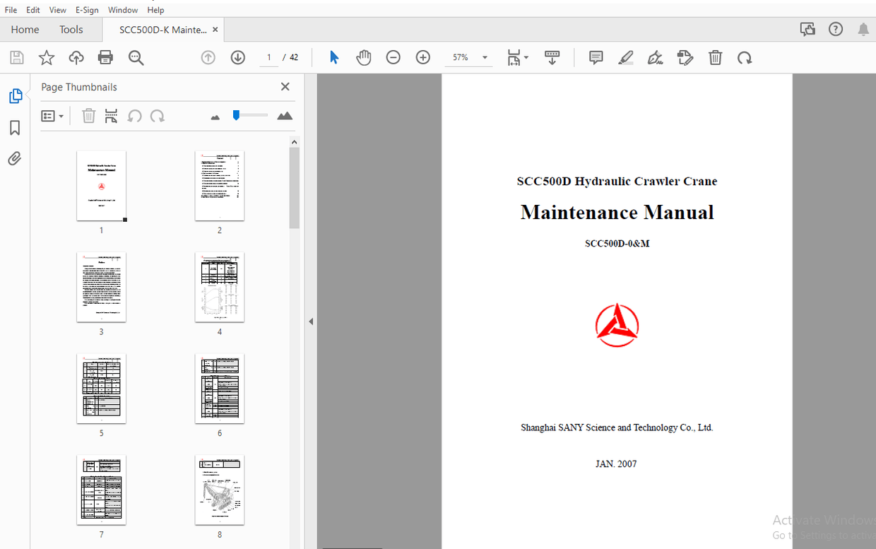 Sany SCC500D Hydraulic Crawler Crane Maintenance Manual – PDF DOWNLOAD