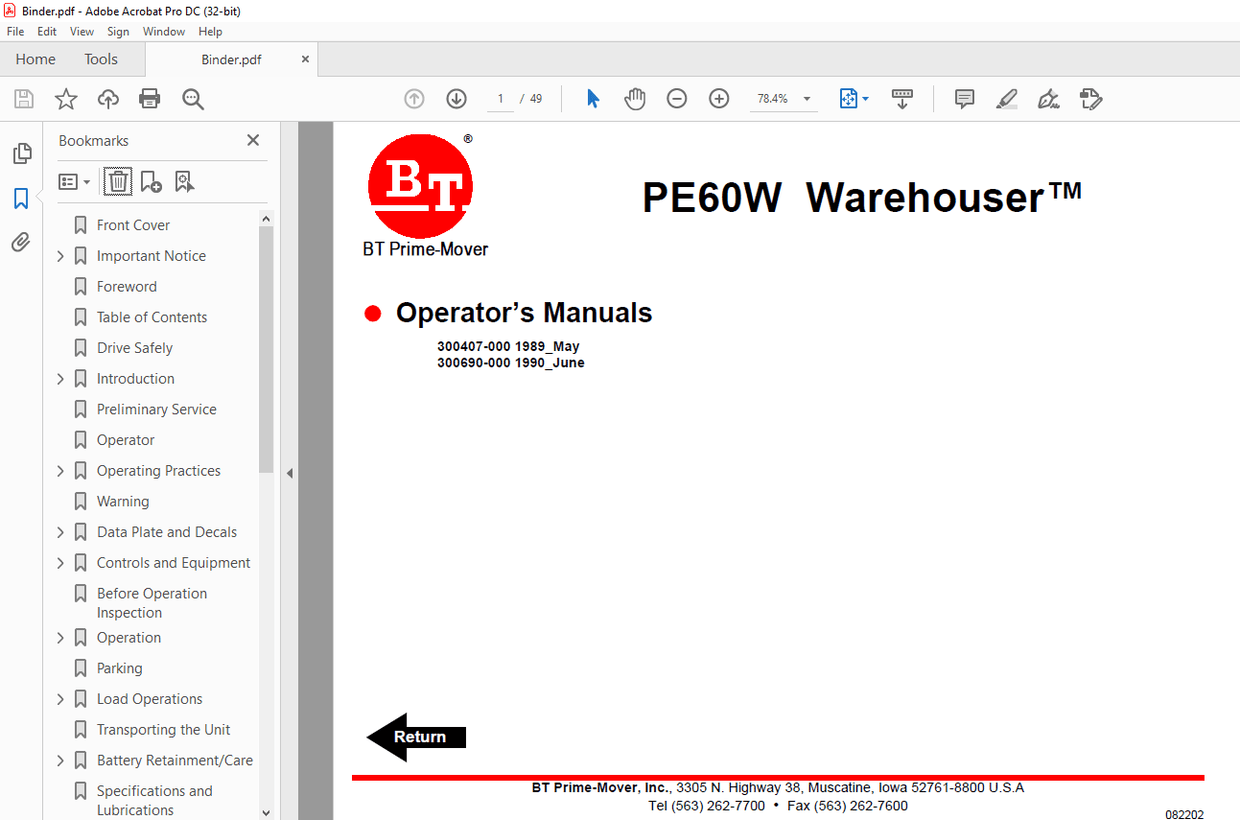 BT Forklift PE60W Warehouser™ Operator’s Manual
