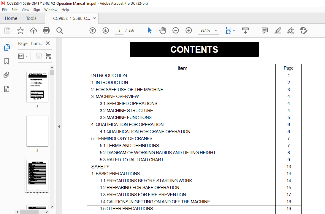 MAEDA CC985S-1 Crawler Crane Operation Manual SN 51172 and up – PDF DOWNLOAD