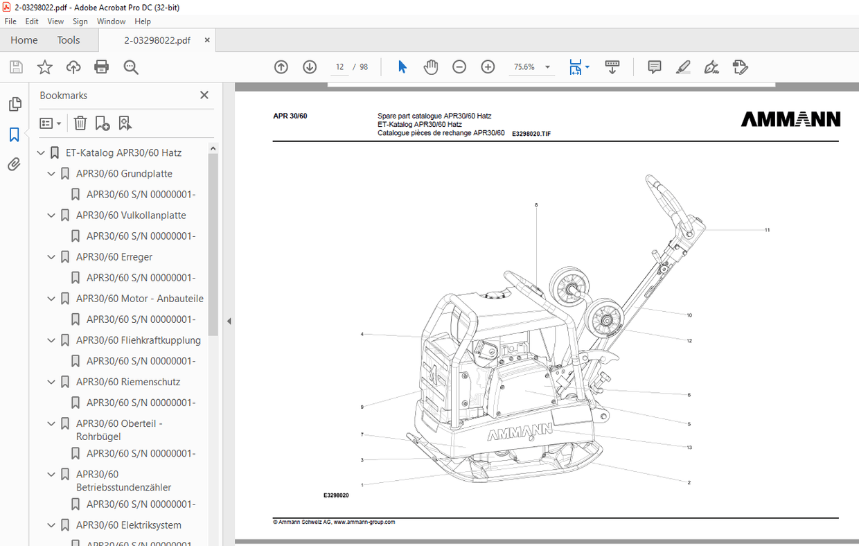Ammann APR 30/60 Hatz 1B30 Spare Parts Manual SN 00000001 PDF