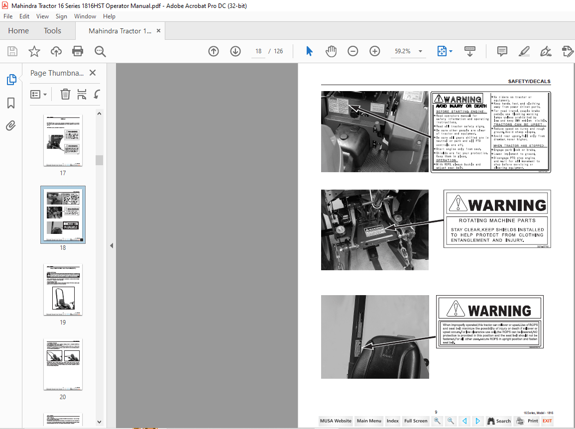 Mahindra Tractor ’16’ Series 1816 HST Operator’s Manual – PDF DOWNLOAD