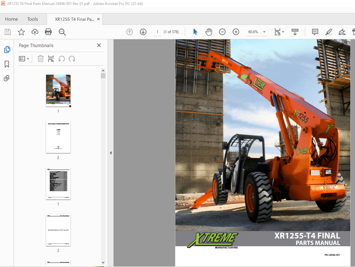Xtreme Telehandler XR1255-T4 FINAL Parts Manual PN 24948-001 PDF
