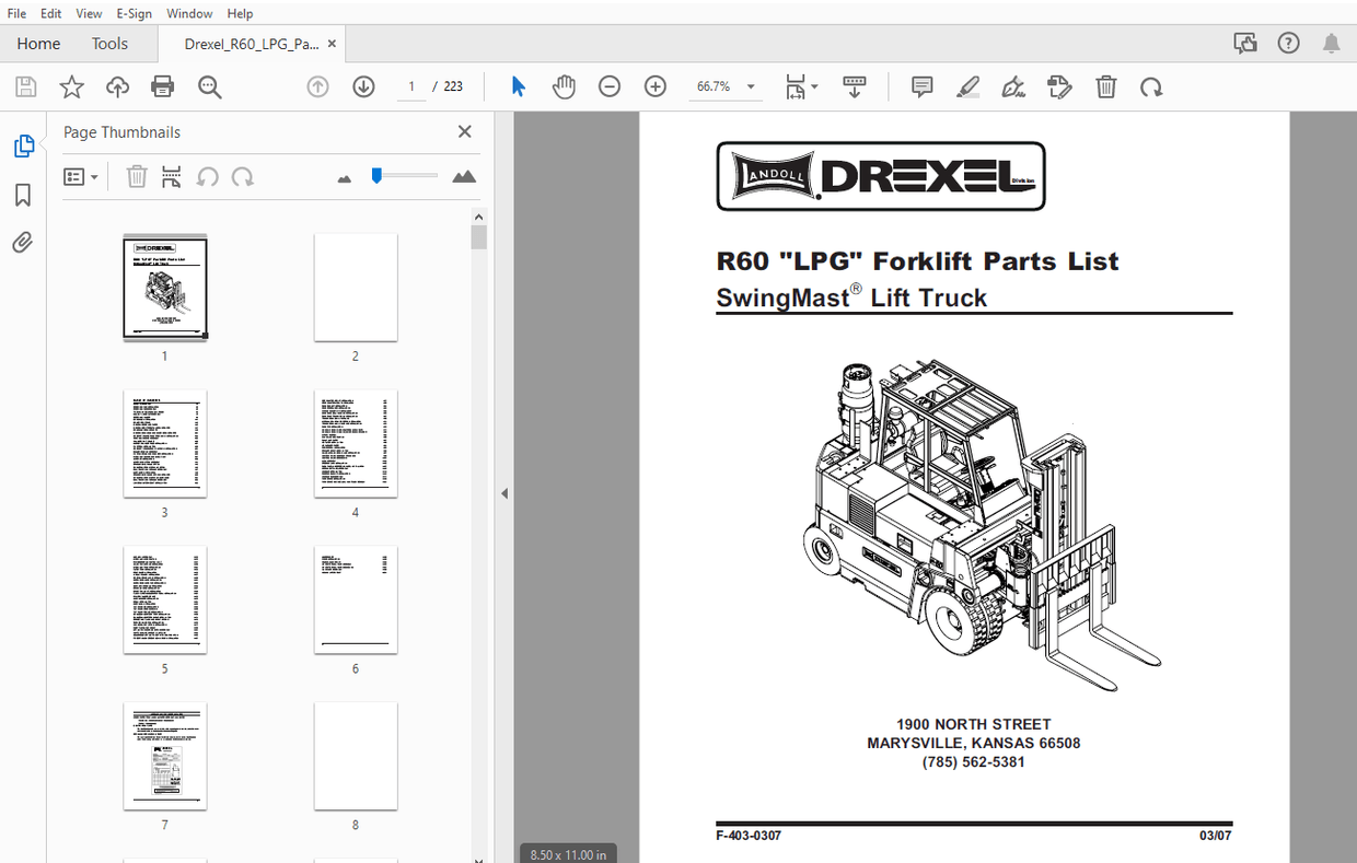 Drexel SwingMast Lift Truck R60 LPG Forklift Parts Manual_F-403-0307 – PDF