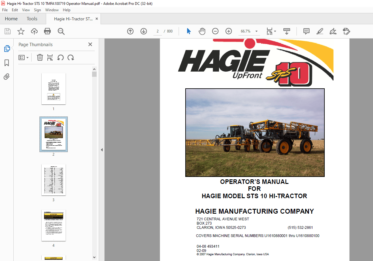 Hagie Hi-Tractor STS 10 Sprayer Operator’s Manual 493411 – PDF DOWNLOAD