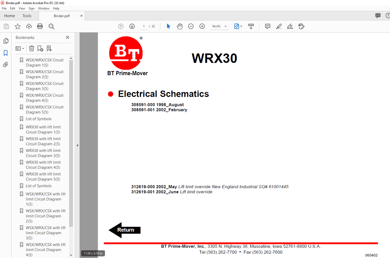 BT Prime-Mover WRX30 Electrical Schematic Manual – PDF DOWNLOAD