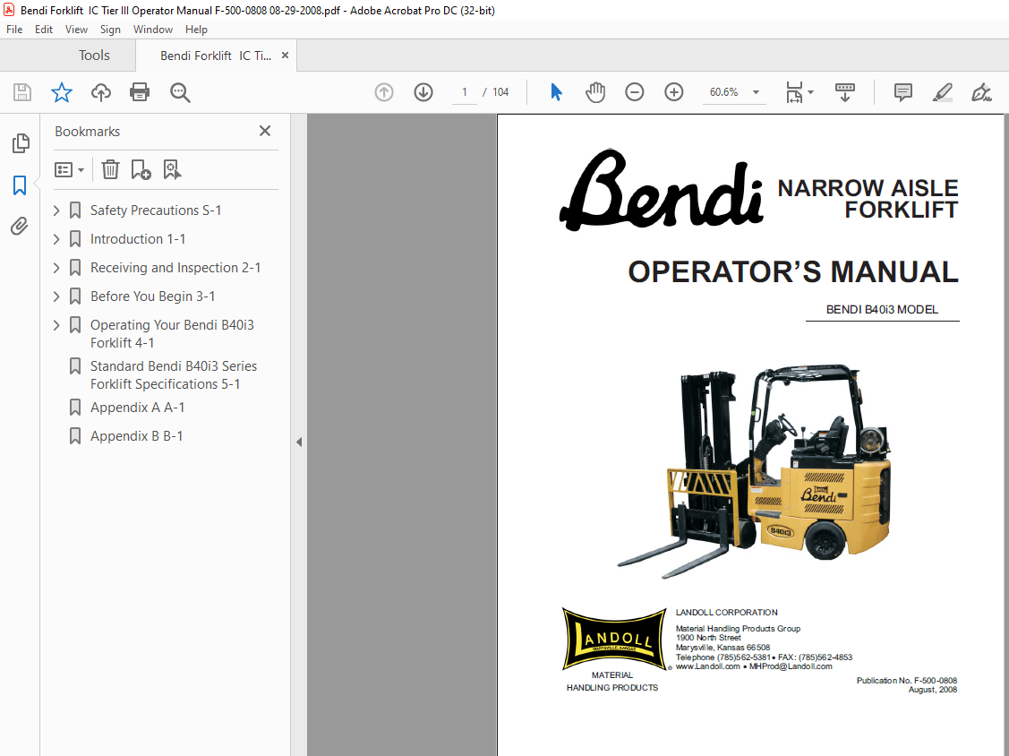 Bendi Landoll Forklift B40i3 Operator’s Manual F-500-0808 – PDF DOWNLOAD