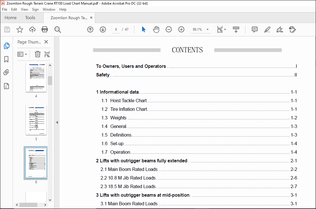 Zoomlion Rough Terrain Crane RT100 Load Chart Manual – PDF DOWNLOAD