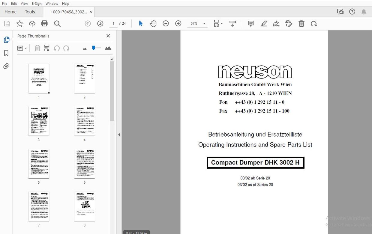 Wacker Neuson Compact Dumper DHK 3002 H Operating Instructions & Parts ...