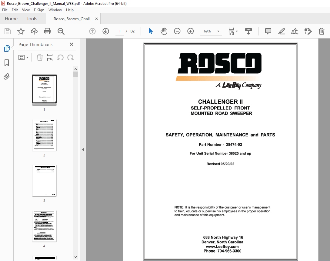 ROSCO Challenger II Self-Propelled Front Mounted Road Sweeper Operations, Maintenance & Parts Manual