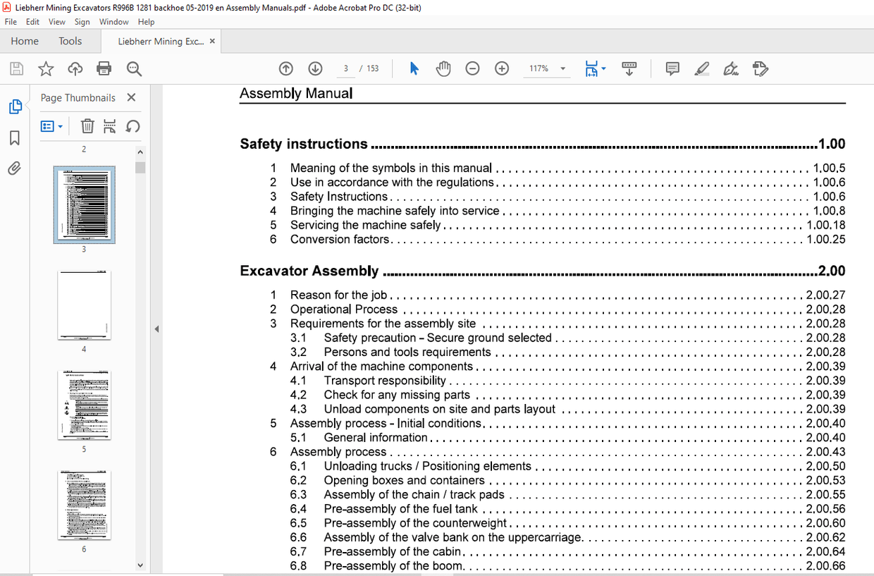 Liebherr R996B Hydraulic excavator Backoe attachment Assembly Manual ...