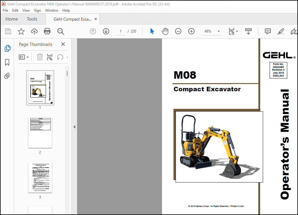 Gehl M08 Compact Excavator Operator’s Manual 50940489 – PDF DOWNLOAD
