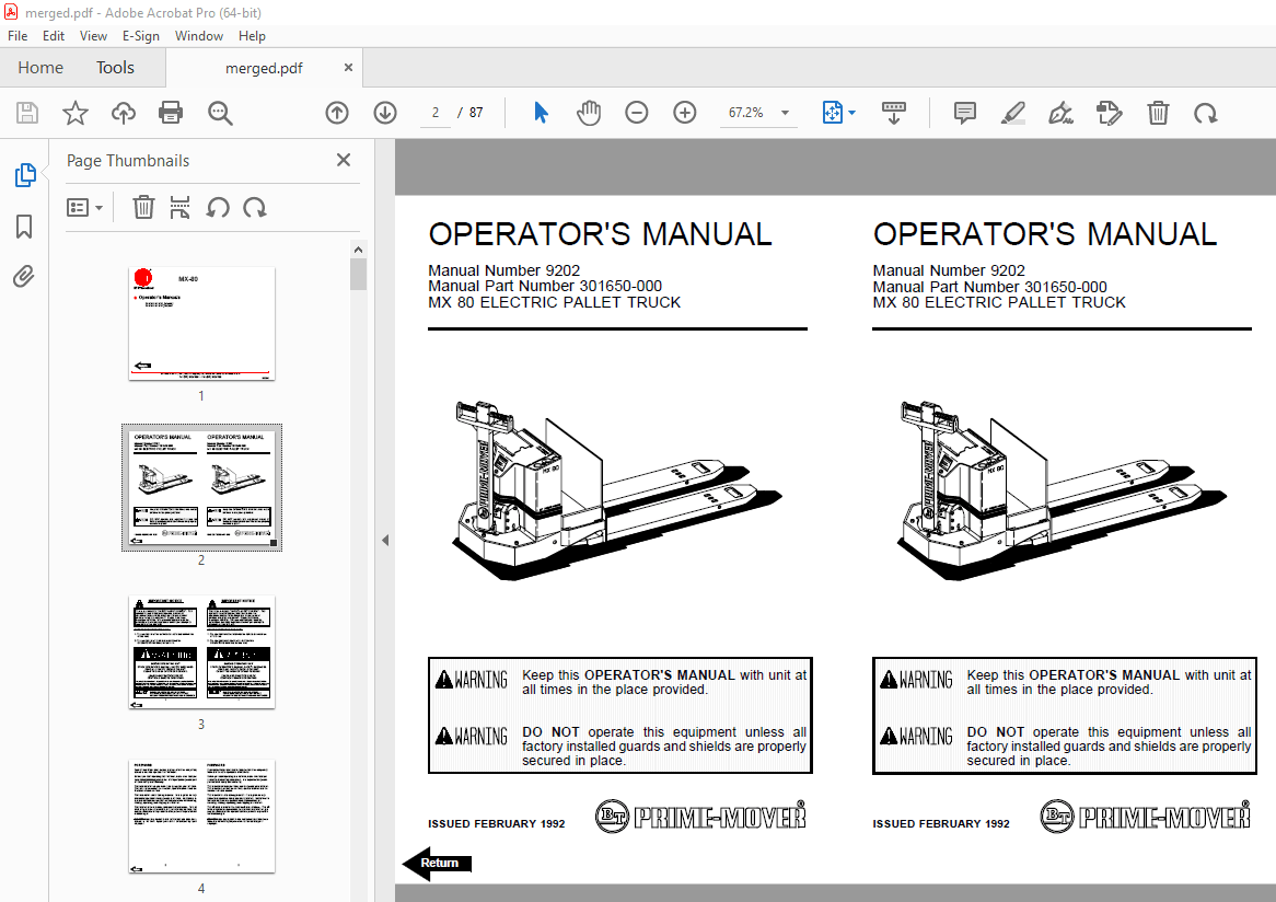 BT Prime-Mover MX 80 Electric Pallet Truck Operator's Manual - PDF DOWNLOAD