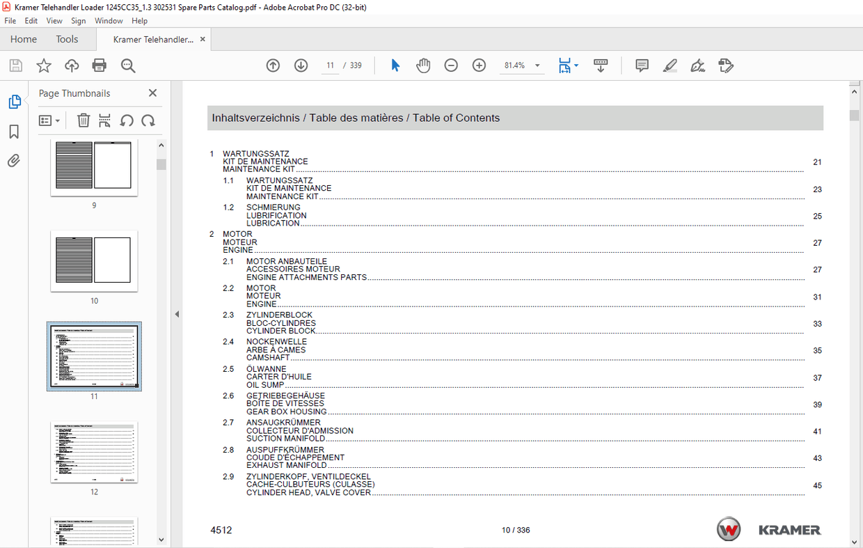 KRAMER Telehandler 1245cc35 Spare Parts List Manual – PDF DOWNLOAD