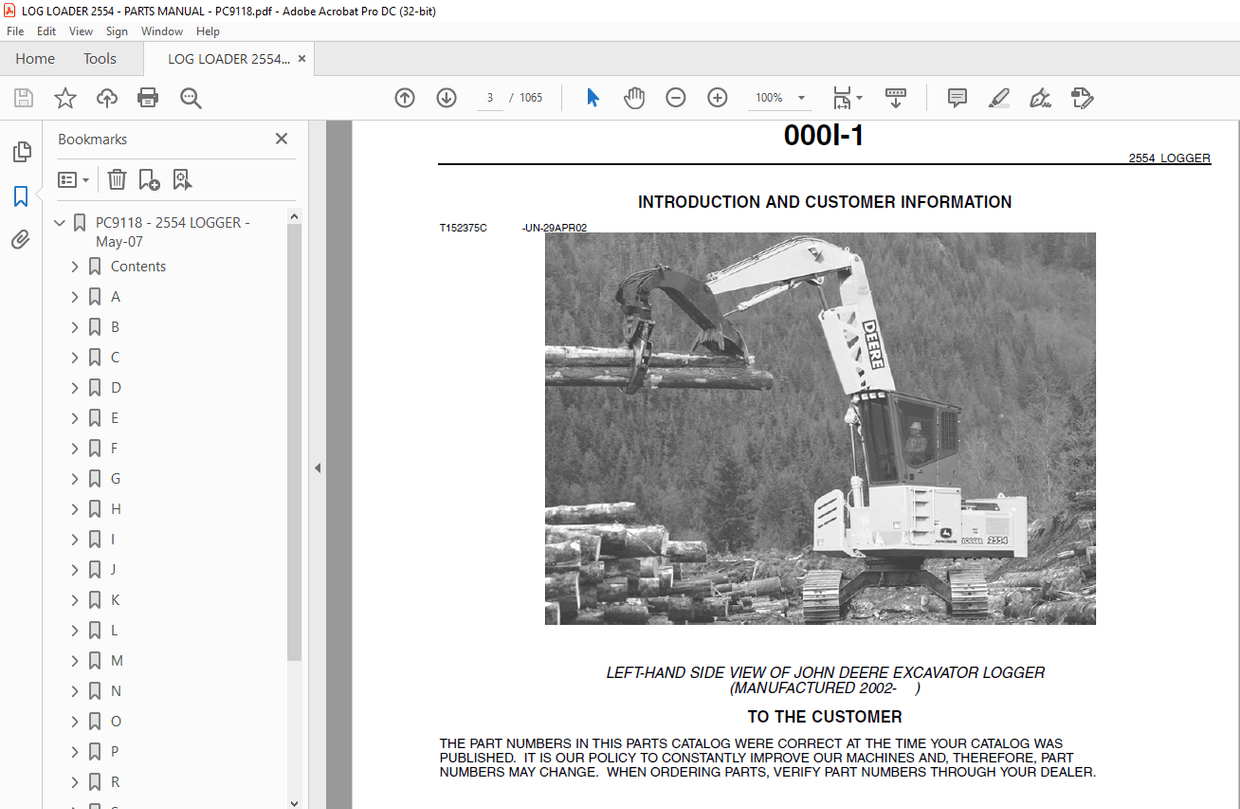 John Deere Logger Loader 2554 Parts Manual PC9118 - PDF DOWNLOAD