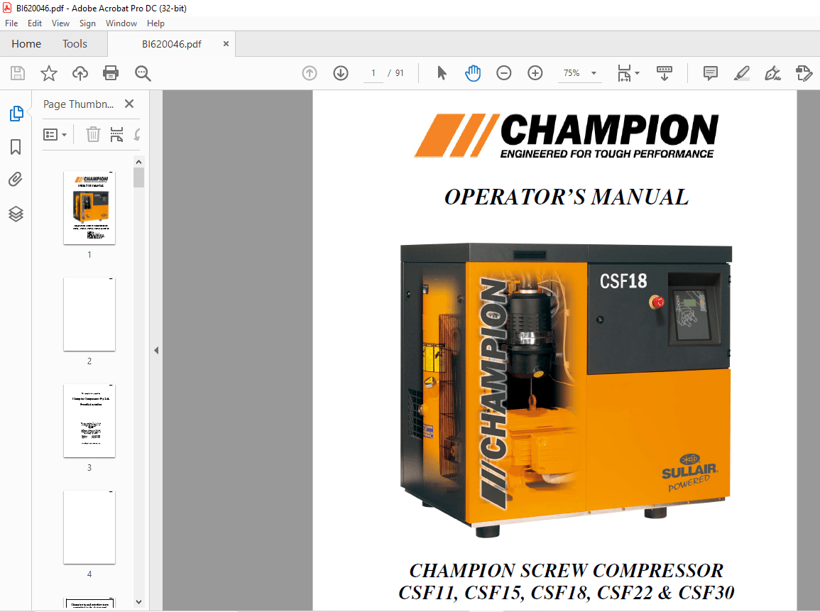 CHAMPION SCREW COMPRESSOR CSF11 CSF15 CSF18 CSF22 & CSF30 OPERATOR’S MANUAL - PDF DOWNLOAD