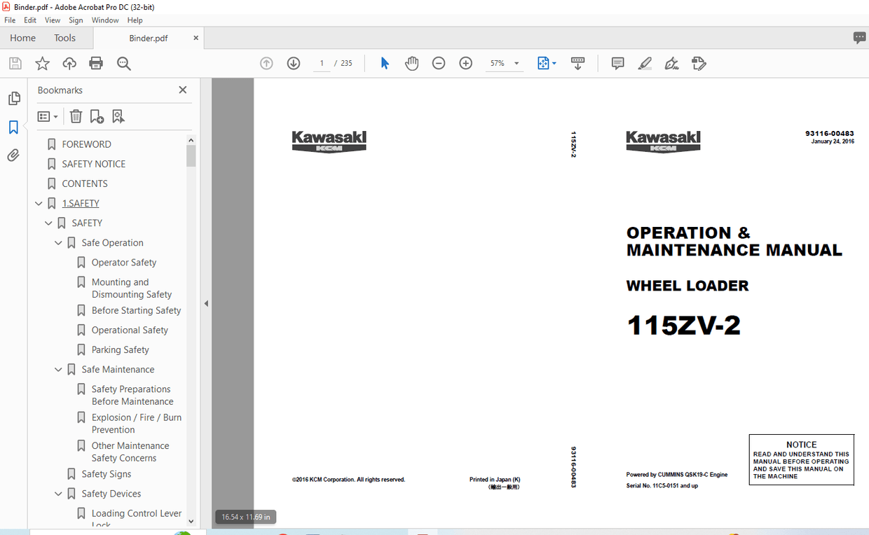 Kawasaki KCM WHEEL LOADER 115ZV-2 OPERATION & MAINTENANCE MANUAL 93116 ...