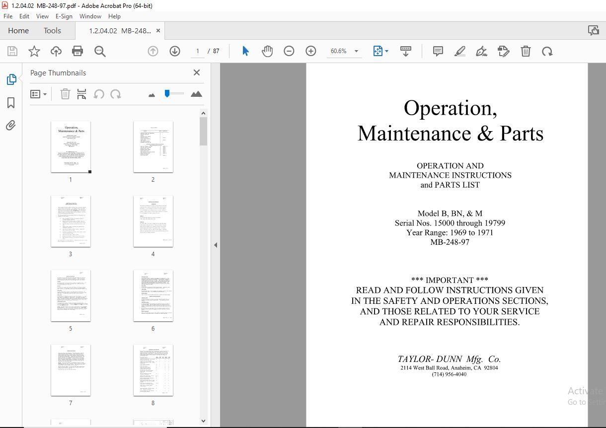 Taylor-Dunn B,BN,M Operation & Maintenance Instructions S.NO 15000 through 19799 - PDF DOWNLOAD