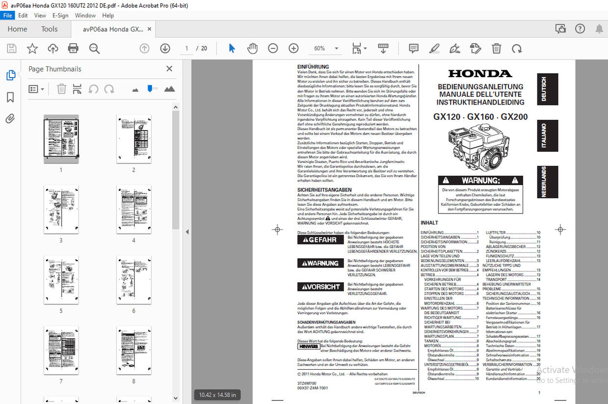 HONDA GX120 GX160 GX200 BEDIENUNGSANLEITUNG PDF