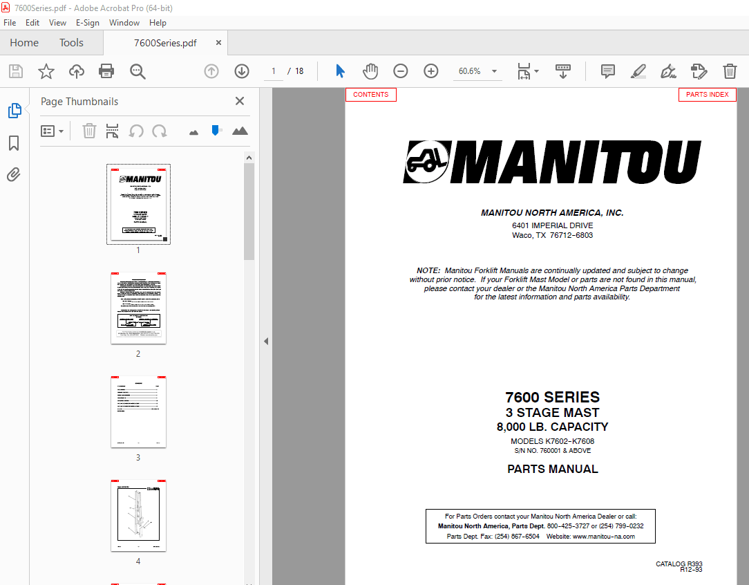 Manitou Forklift 7600 SERIES 3 STAGEMAST Parts Manual - PDF DOWNLOAD