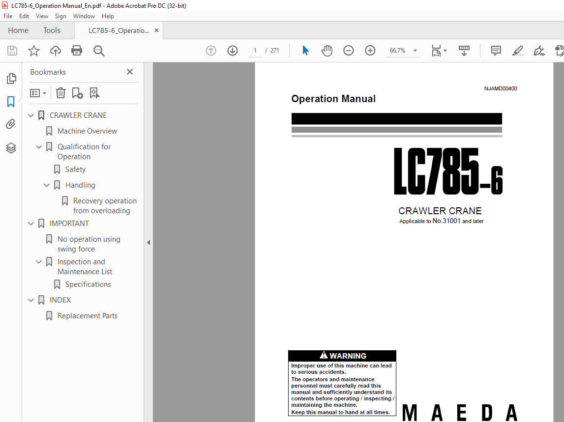 Maeda CRAWLER CRANE LC785-6 OPERATION MANUAL 31001 – PDF DOWNLOAD