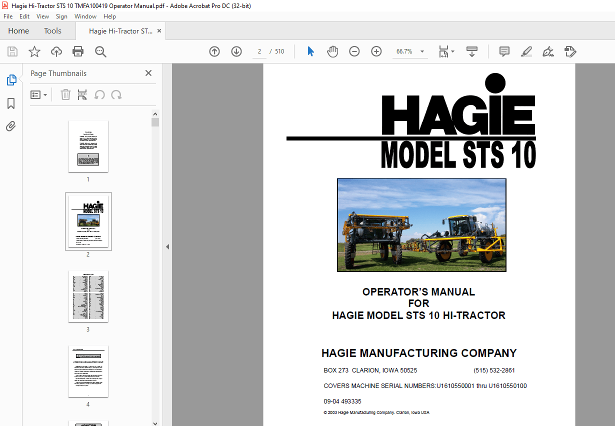 Hagie Hi-Tractor STS 10 Sprayer Operator’s Manual 493335 – PDF DOWNLOAD