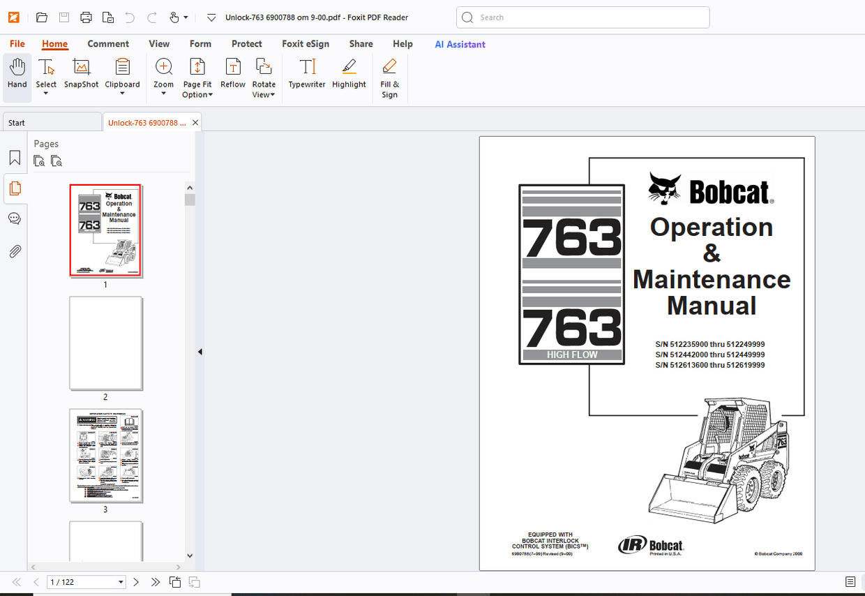 Bobcat 763 High Flow Operation & Maintenance Manual - PDF DOWNLOAD