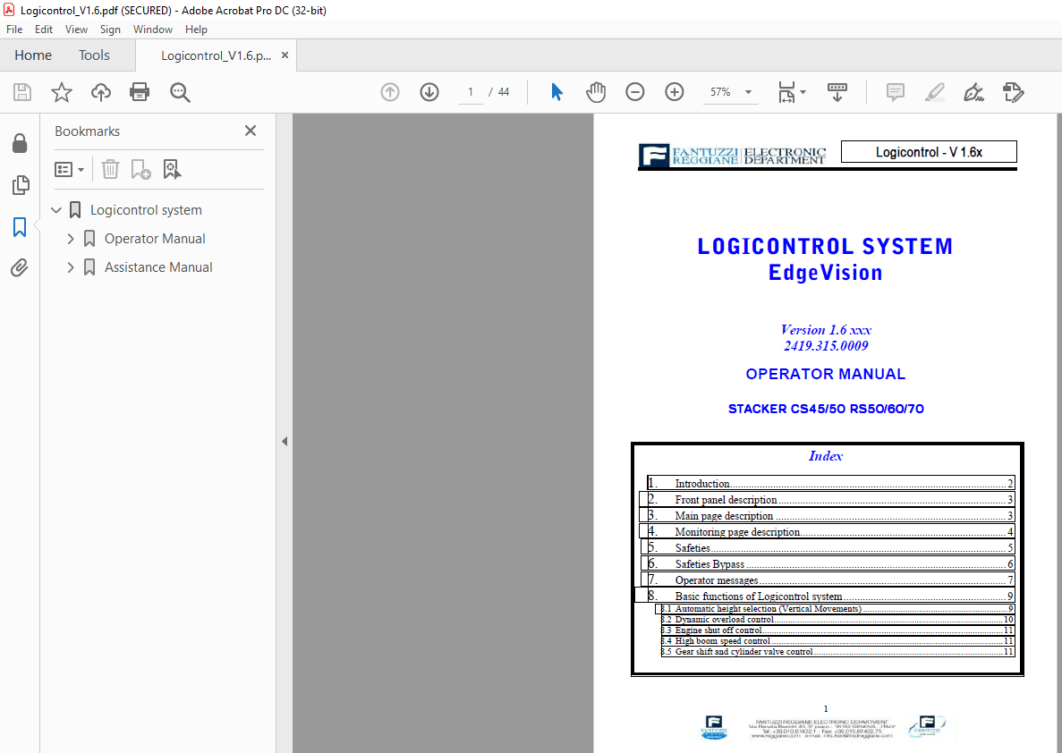 Fantuzzi Reggiane STACKER CS4550 RS506070 System Logicontrol+Powertronic OPERATOR MANUAL