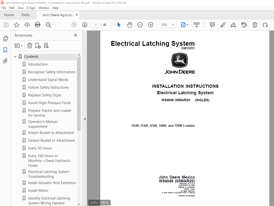 John Deere H340 H360 H380 H480 & 700M Loaders Instruction Manual W54949 ...