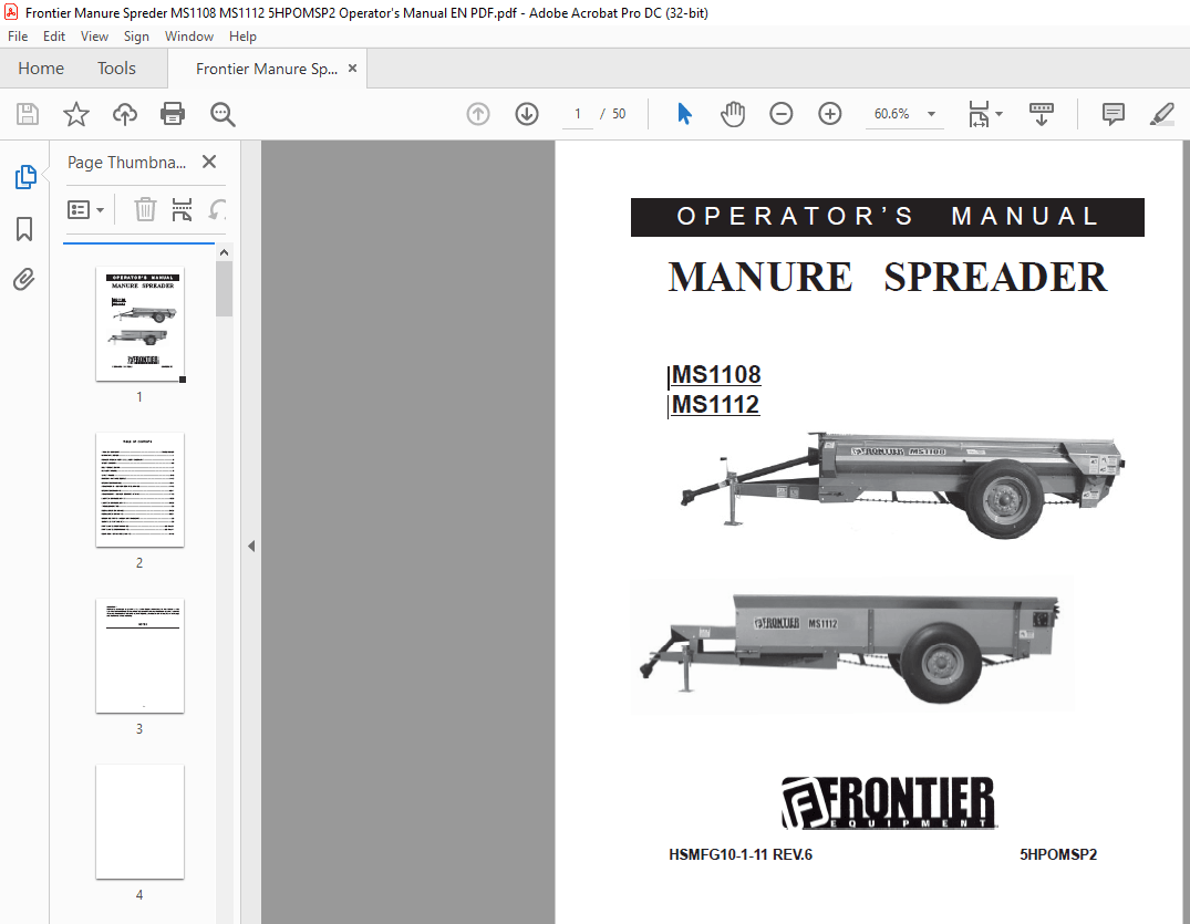 Frontier Manure Spreader MS1108 MS112 Operator’s Manual(5HPOMSP2) – PDF DOWNLOAD