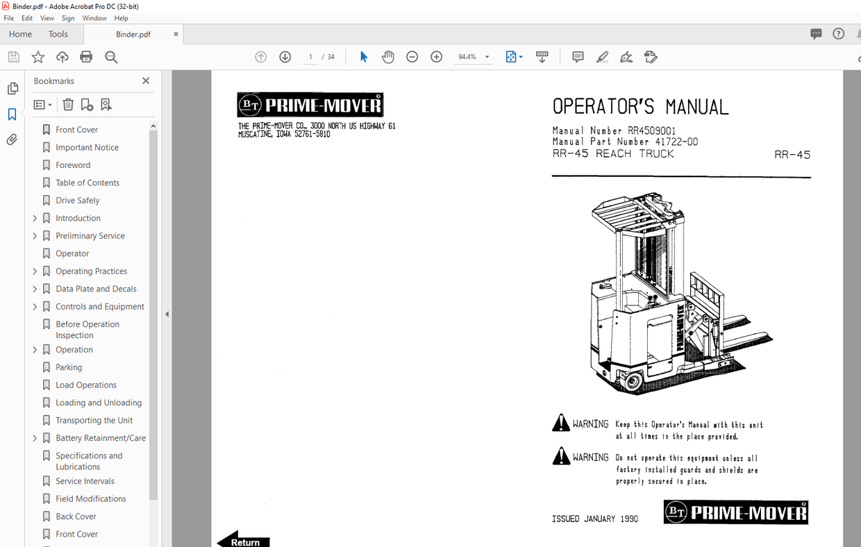 BT Forklift RR-45 Reach Truck Operator`s Manual- PDF DOWNLOAD