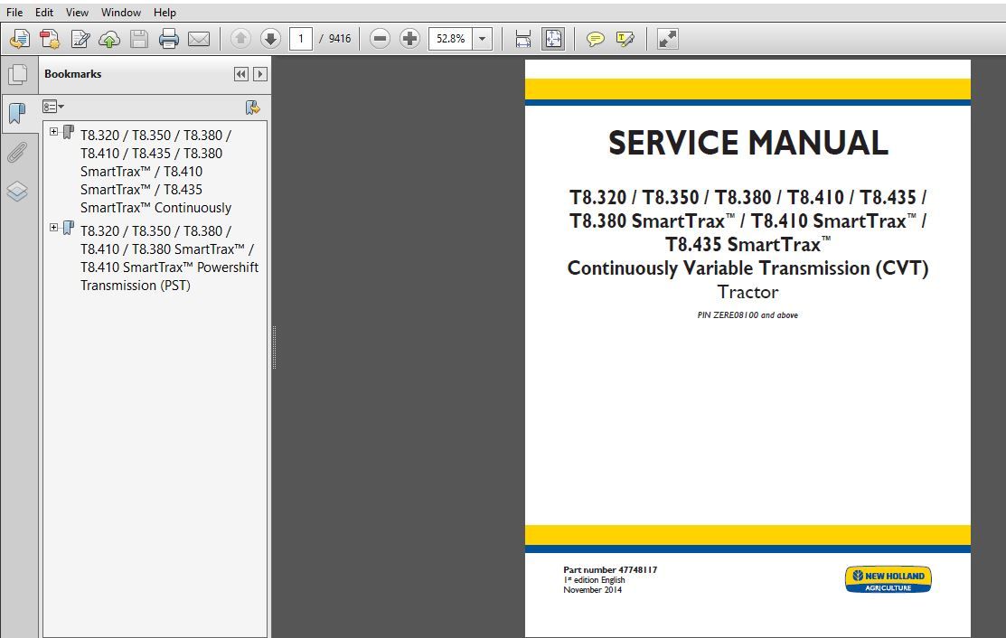 New Holland Tractor T8 320 T8 350 T8 380 T8 410 T8 435 SmartTrax CVT & PST Service Manual