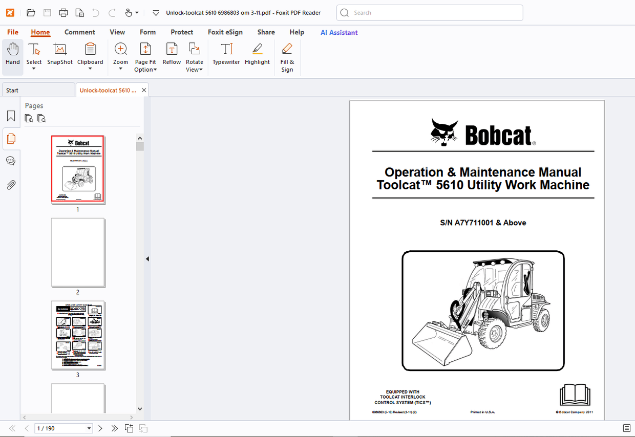 Bobcat Toolcat 5610 Utility Work Machine Operation & Maintenance Manual - PDF DOWNLOAD