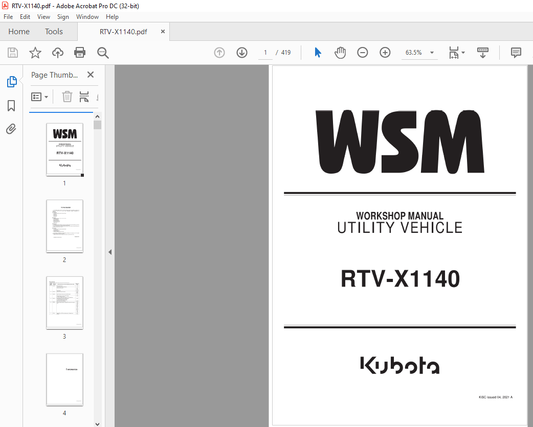 Kubota Utility Vehicle RTV-X1140 Workshop Manual – PDF DOWNLOAD