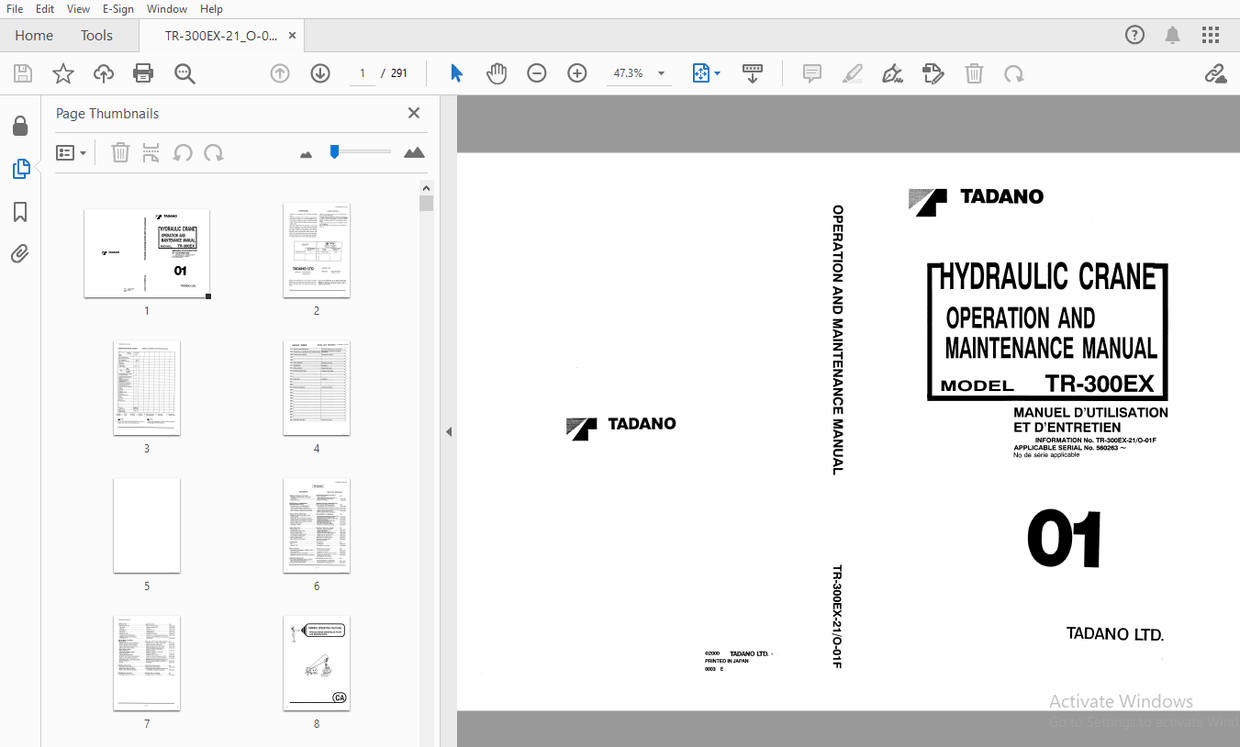 Tadano TR-300EX Hydraulic Crane Operation & Maintenance Manual – PDF