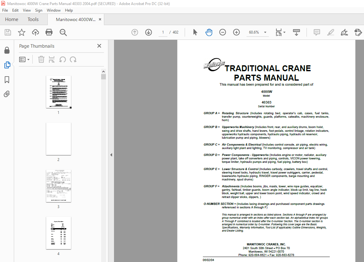 Manitowoc Traditional Crane 4000W Parts Manual SN 40303 – PDF DOWNLOAD