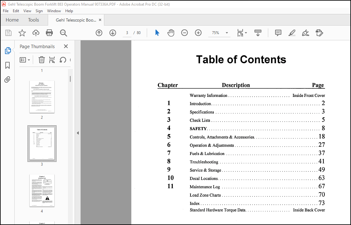 Gehl 883 Dynalift Series Telescoping Boom Forklift Operator’s Manual ...