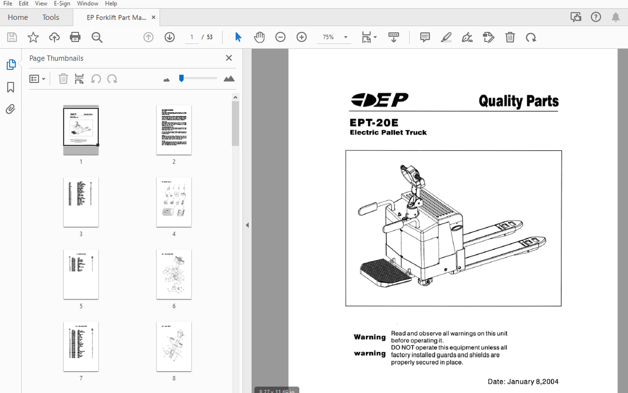EP EPT-20E Electric Pallet Truck Parts Manual – PDF DOWNLOAD