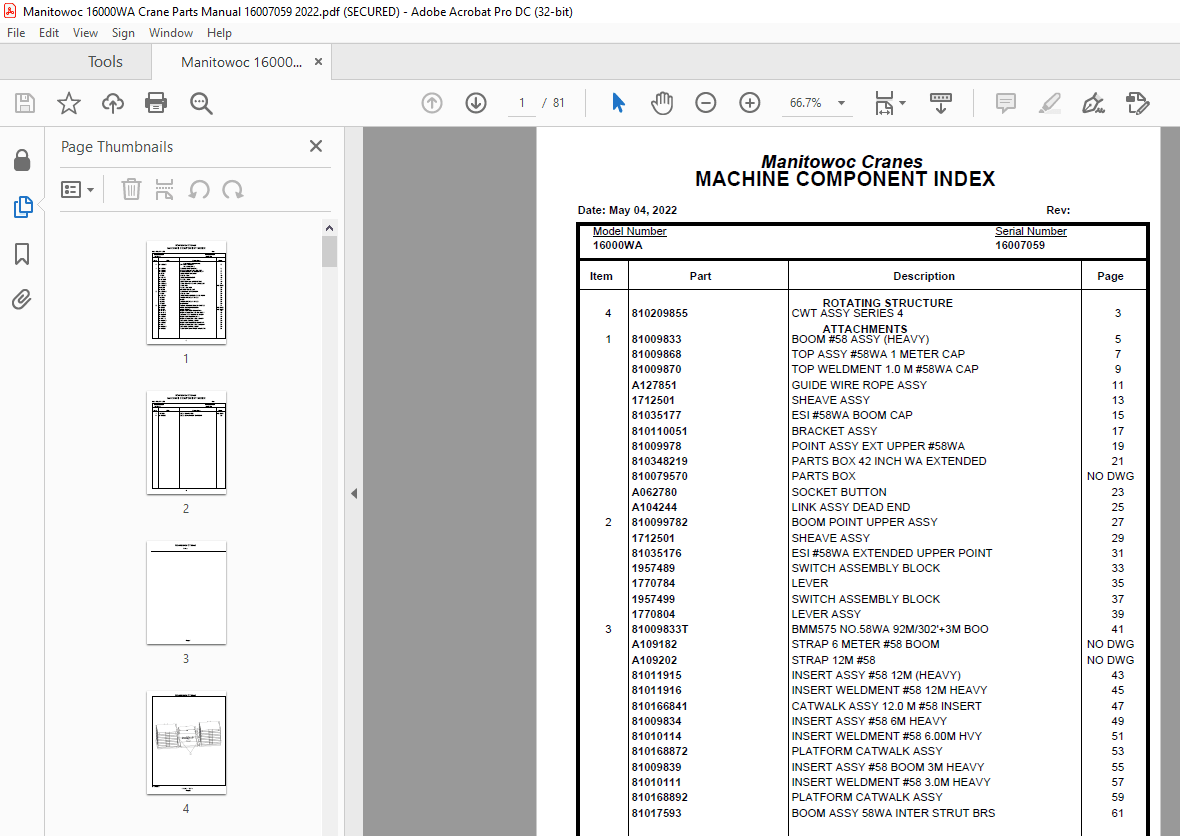 Manitowoc Crane 16000WA Parts Manual 16007059 PDF