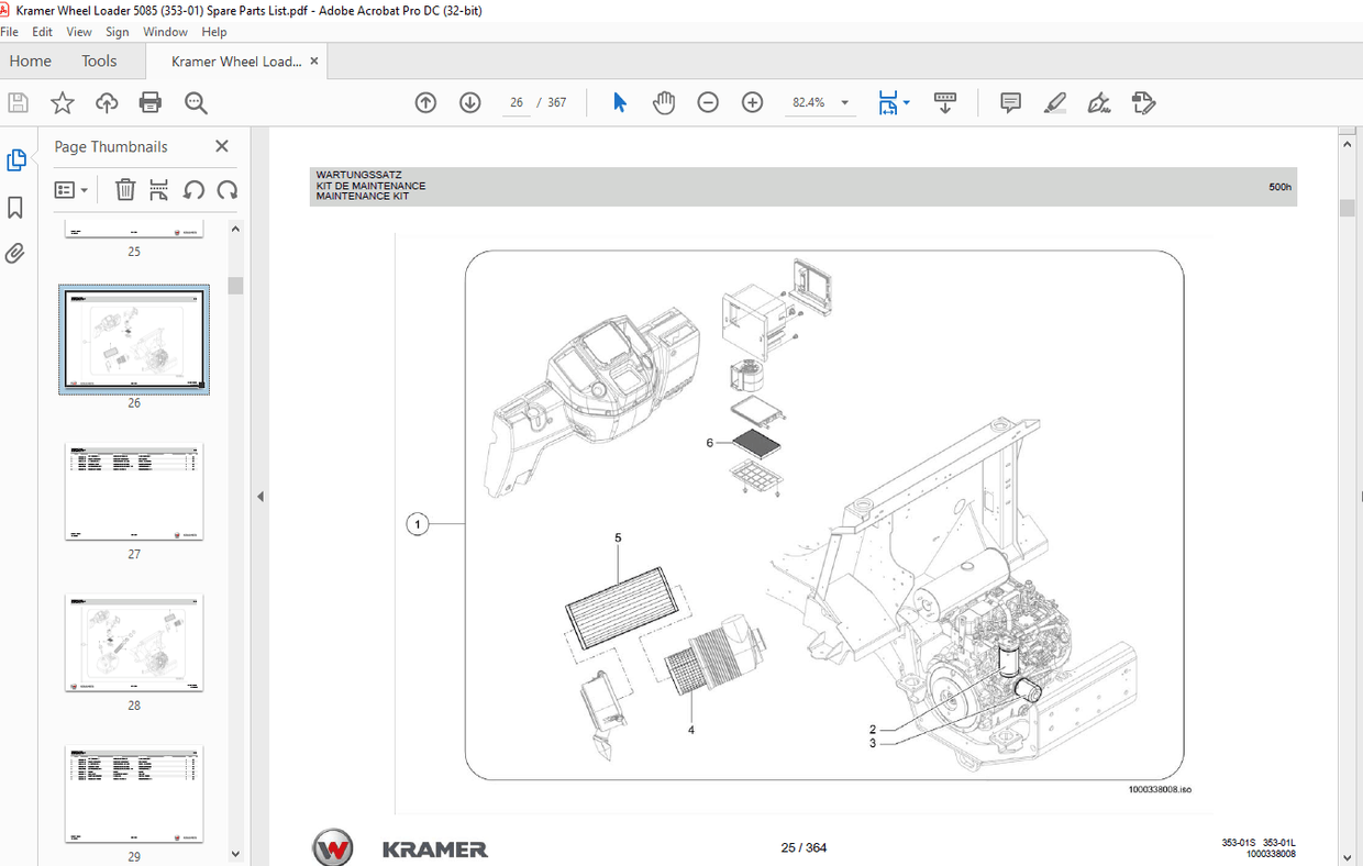 KRAMER Wheel loader 5085 5085L Spare Parts List Manual SN353010001 ...