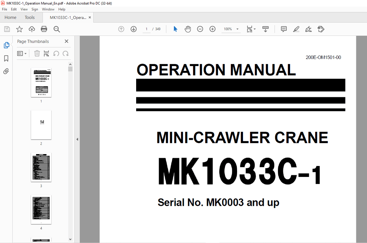 Maeda MK 1033C-1 Mini Crawler Crane Operation Manual SN MK0003 and up ...
